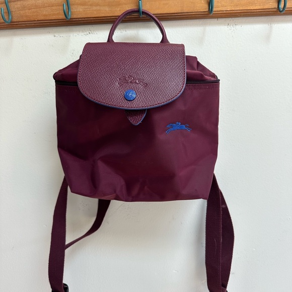 Longchamp | Bags | Longchamp Le Pliage Mini Backpack Maroon With Blue ...